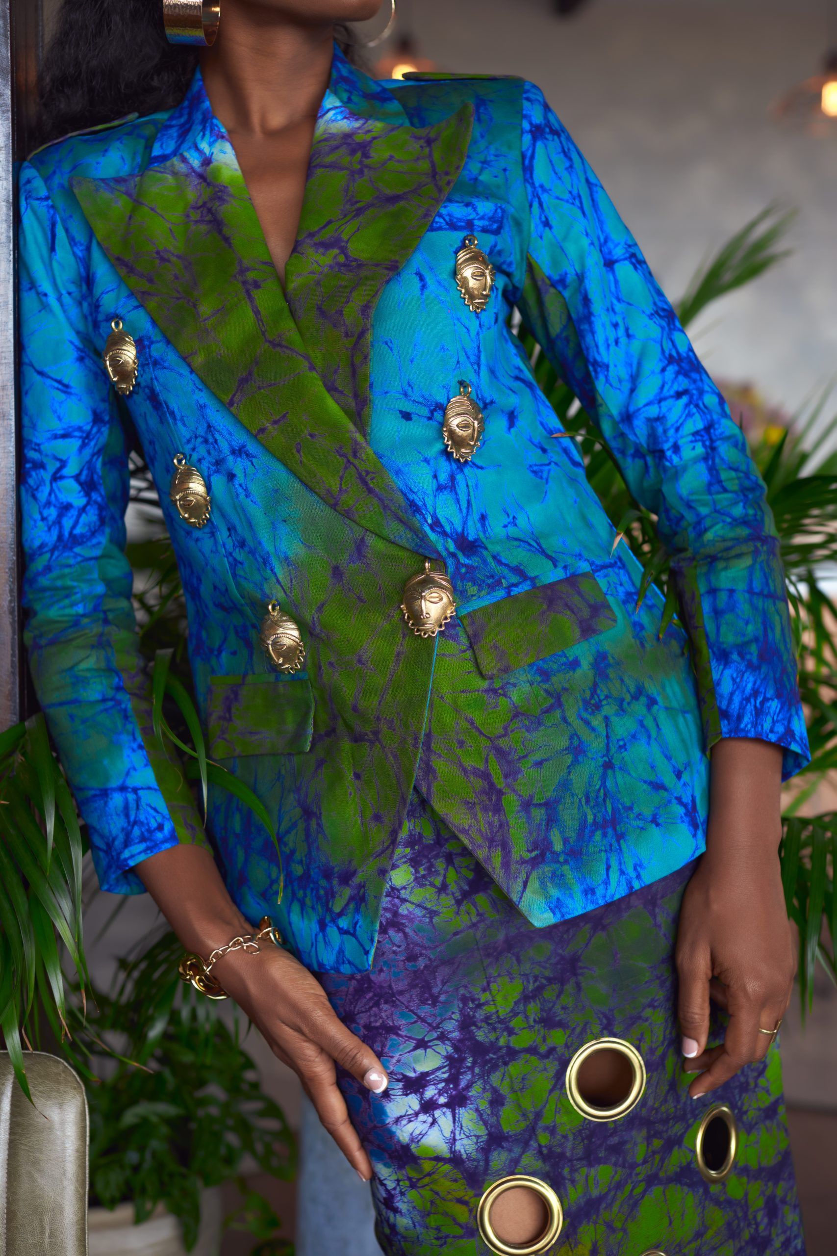 Batik Double Breasted Jacket with Gold Plated Brass Masks (Blue ...